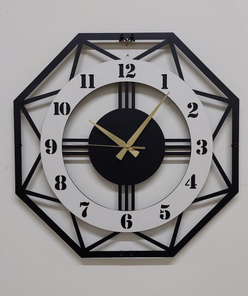 Modern Large Metal Wall Clock, Octagon Clock for Wall, Metal With Wood ...