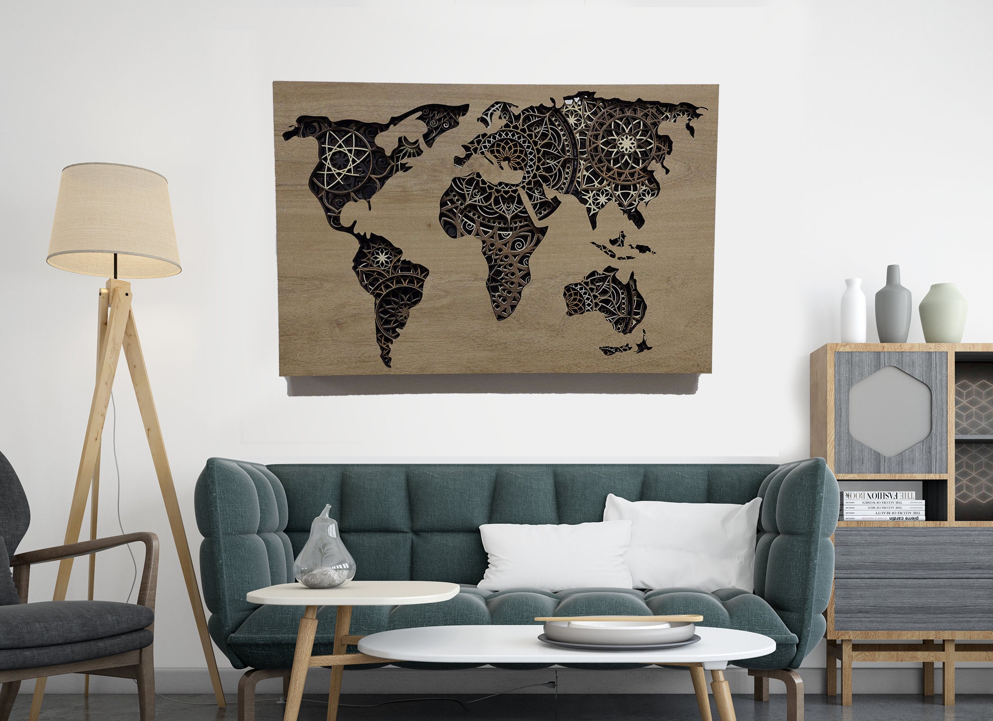 World Map Mandala Wall Art, World Map, Wall Art, Wall Decor, Layered ...
