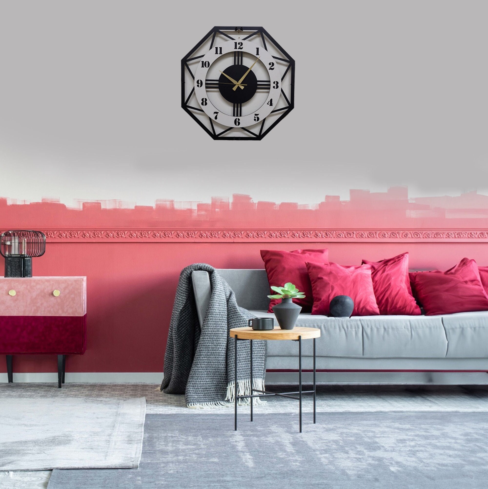 Modern Large Metal Wall Clock, Octagon Clock for Wall, Metal With Wood ...