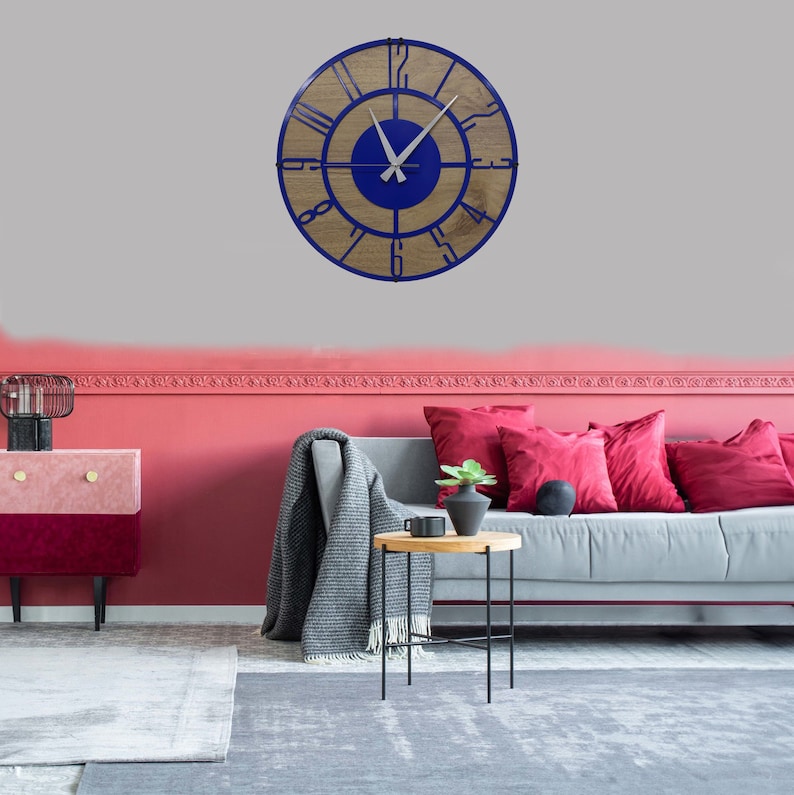 Metal Blue Wall Clock, Wooden Metal Large Navy Blue Wall Clock, Metal ...