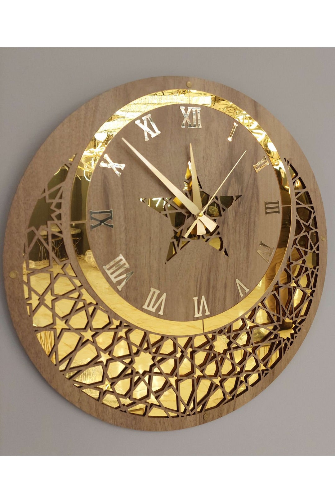 Handmade Star and Crescent Wooden Wall Clock With Plexiglass - Etsy