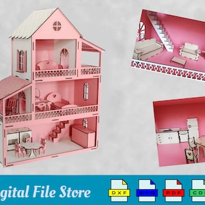 Doll House With Furniture Laser Cut Files - Etsy