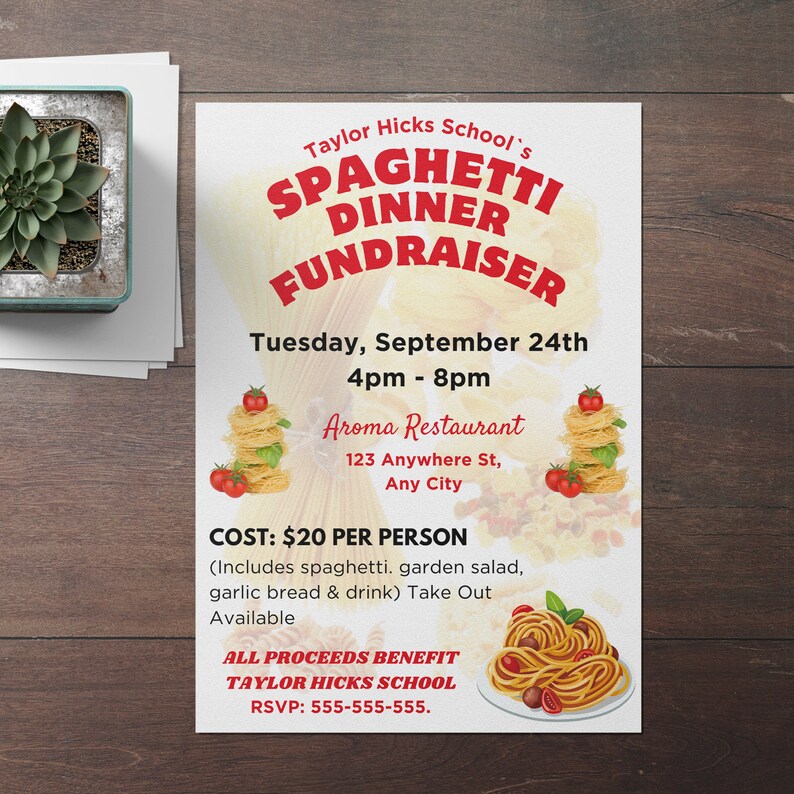 Editable Spaghetti Dinner Fundraiser Flyer Template, Digital Spaghetti ...