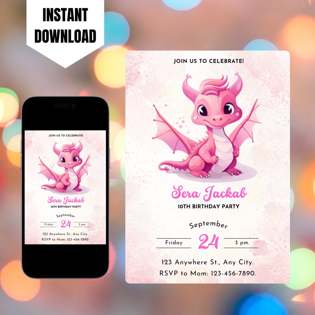 Editable Dragon Birthday Invitation, Digital Pink Dragon Invite ...