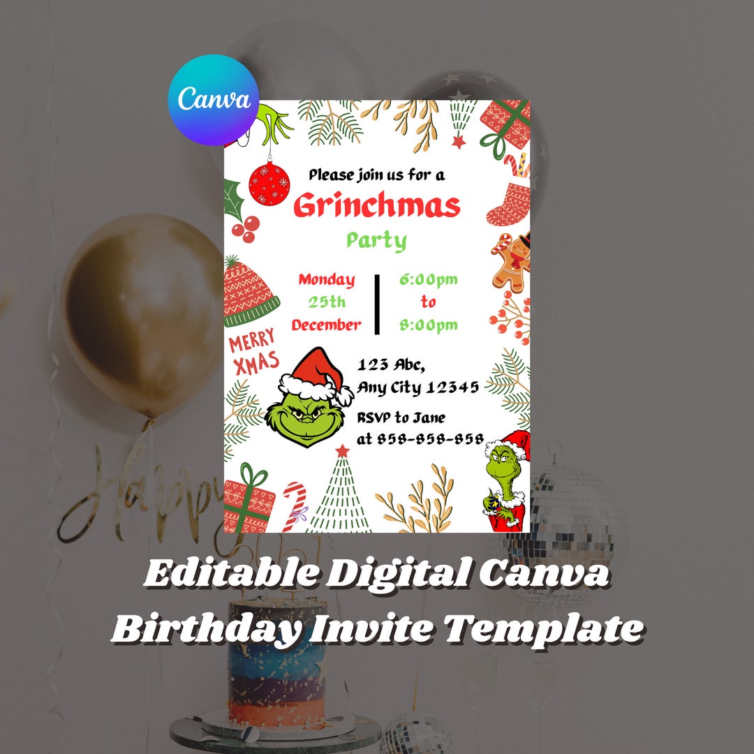 Editable Grinchmas Party Invitations Canva Grinch Invite - Etsy