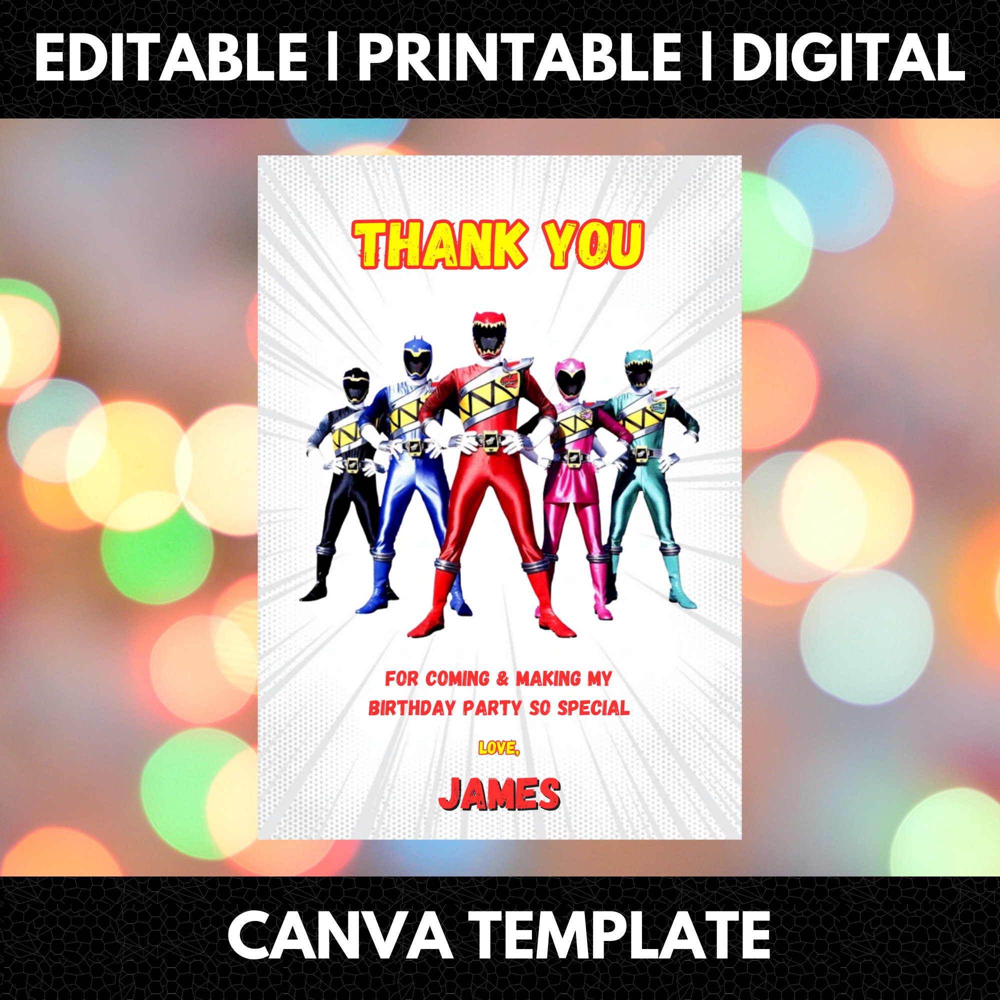 Editable Power Rangers Thank You Card Template, Printable Power Rangers ...