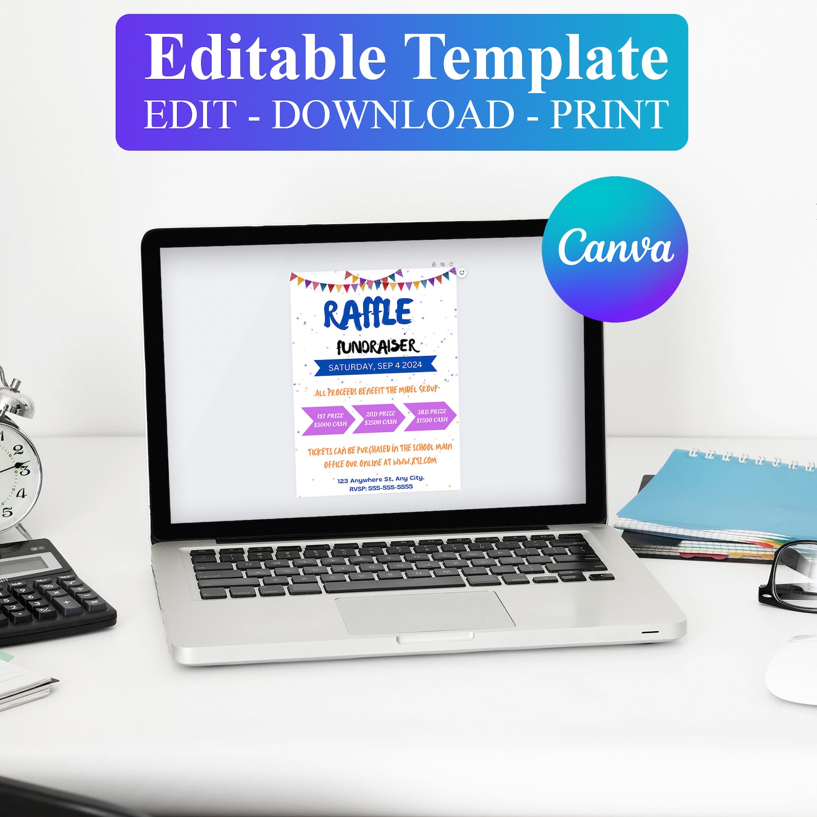 Editable Raffle Fundraiser Flyer Template, Digital Raffle Ticket ...