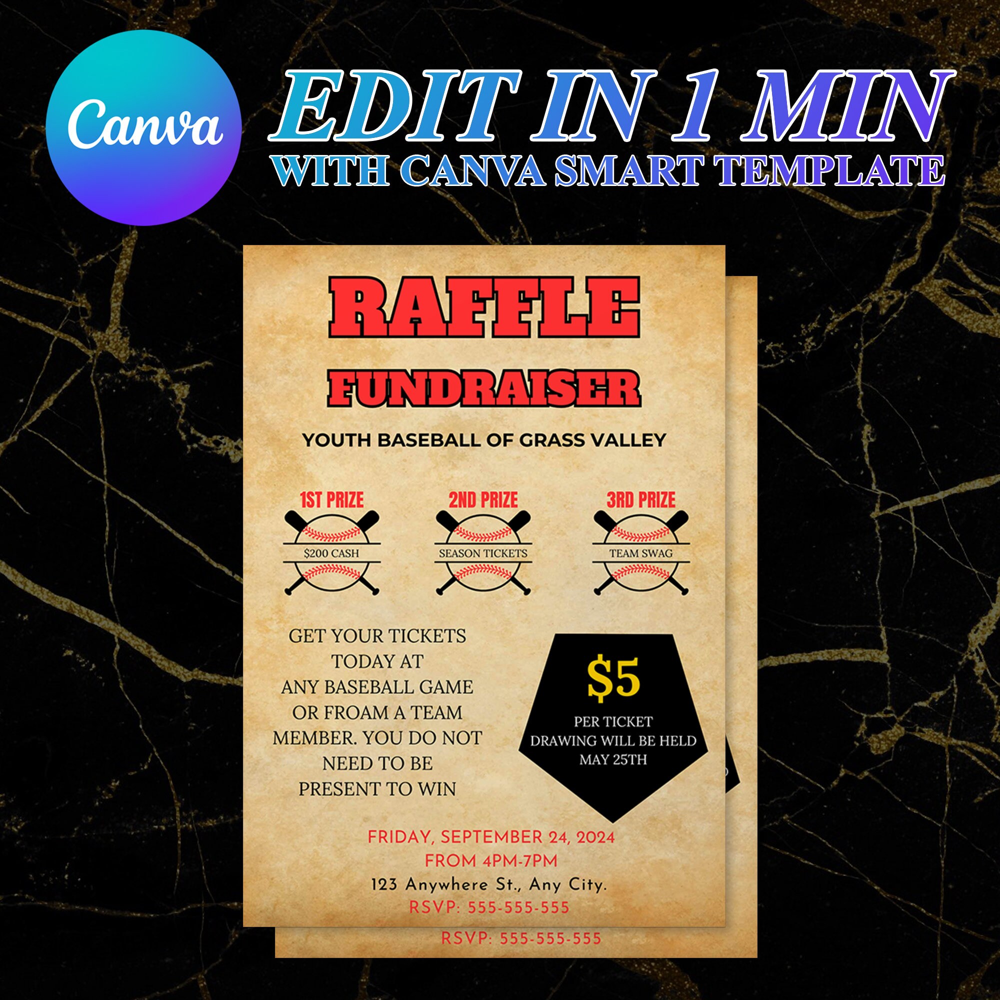 Editable Raffle Fundraiser Flyer Template, Digital Raffle Ticket ...