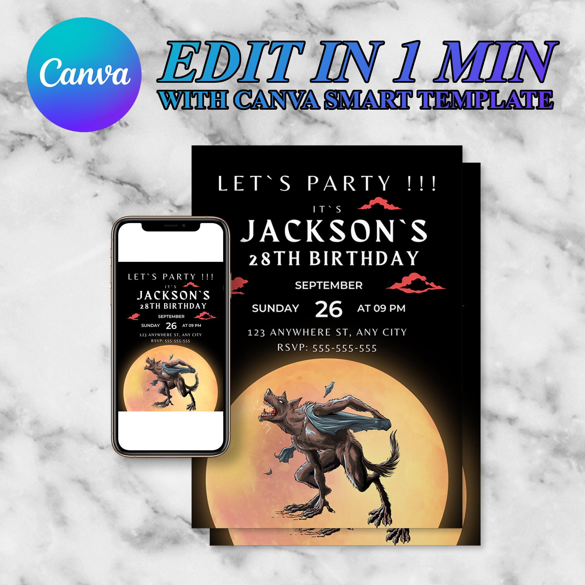 Editable Werewolf Birthday Invitation, Printable Halloween Invitation ...