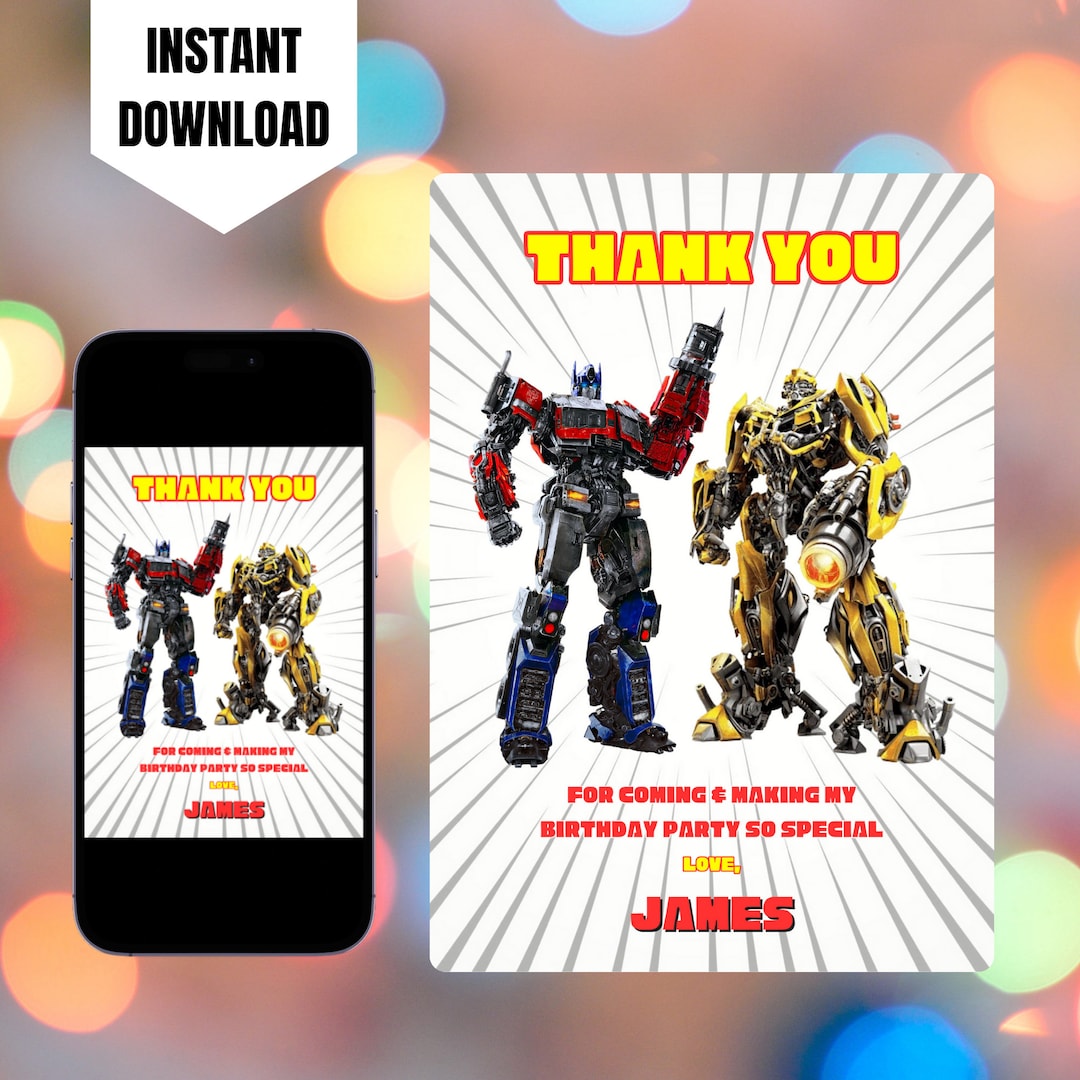 Editable Transformer Birthday Thank You Card Template, Printable ...