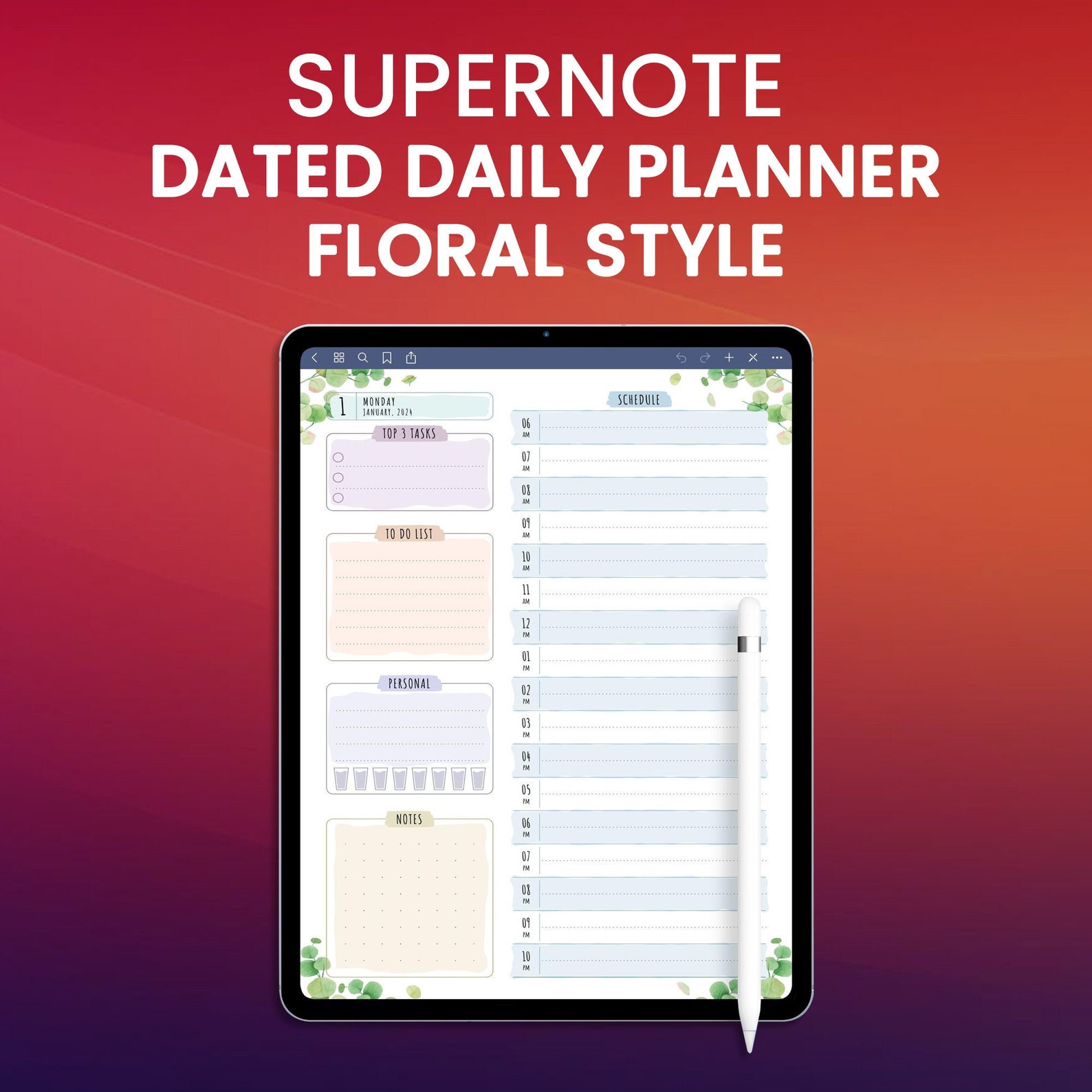 Supernote Dated Daily Planner Floral Style Template, Supernote Template, Supernote A5X / A6X ...