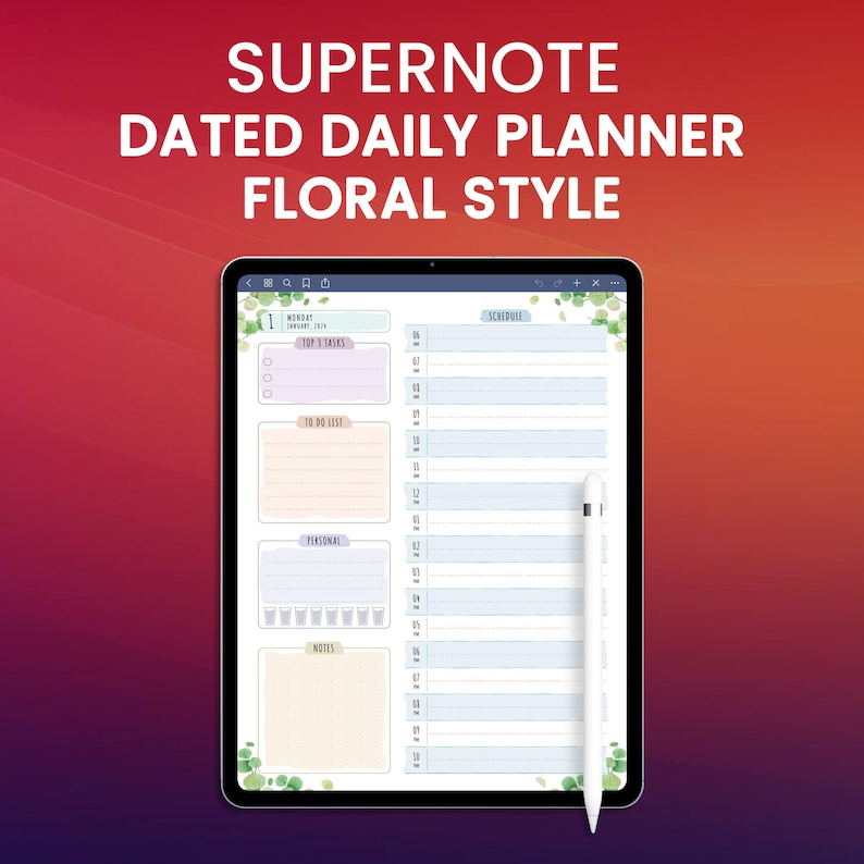 Supernote Dated Daily Planner Floral Style Template, Supernote Template, Supernote A5X / A6X ...