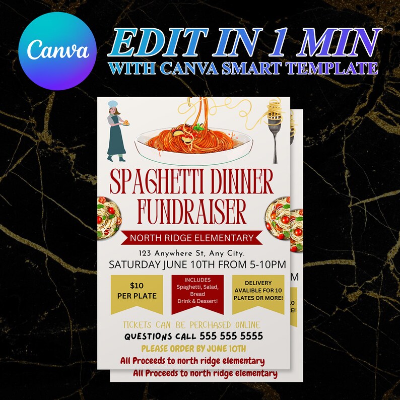 Editable Spaghetti Dinner Fundraiser Flyer Template, Digital Spaghetti ...