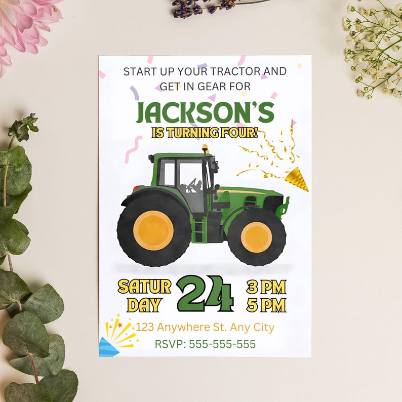 Editable Green Tractor Birthday Invitation, Printable Tractor ...