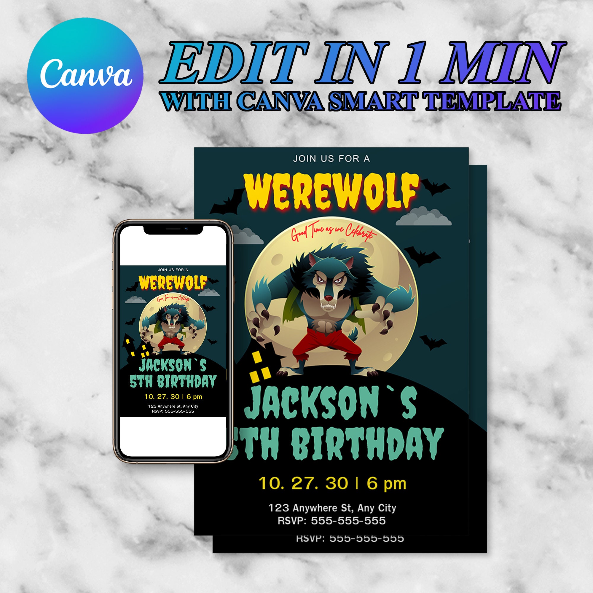 Editable Werewolf Birthday Invitation, Printable Halloween Invitation ...