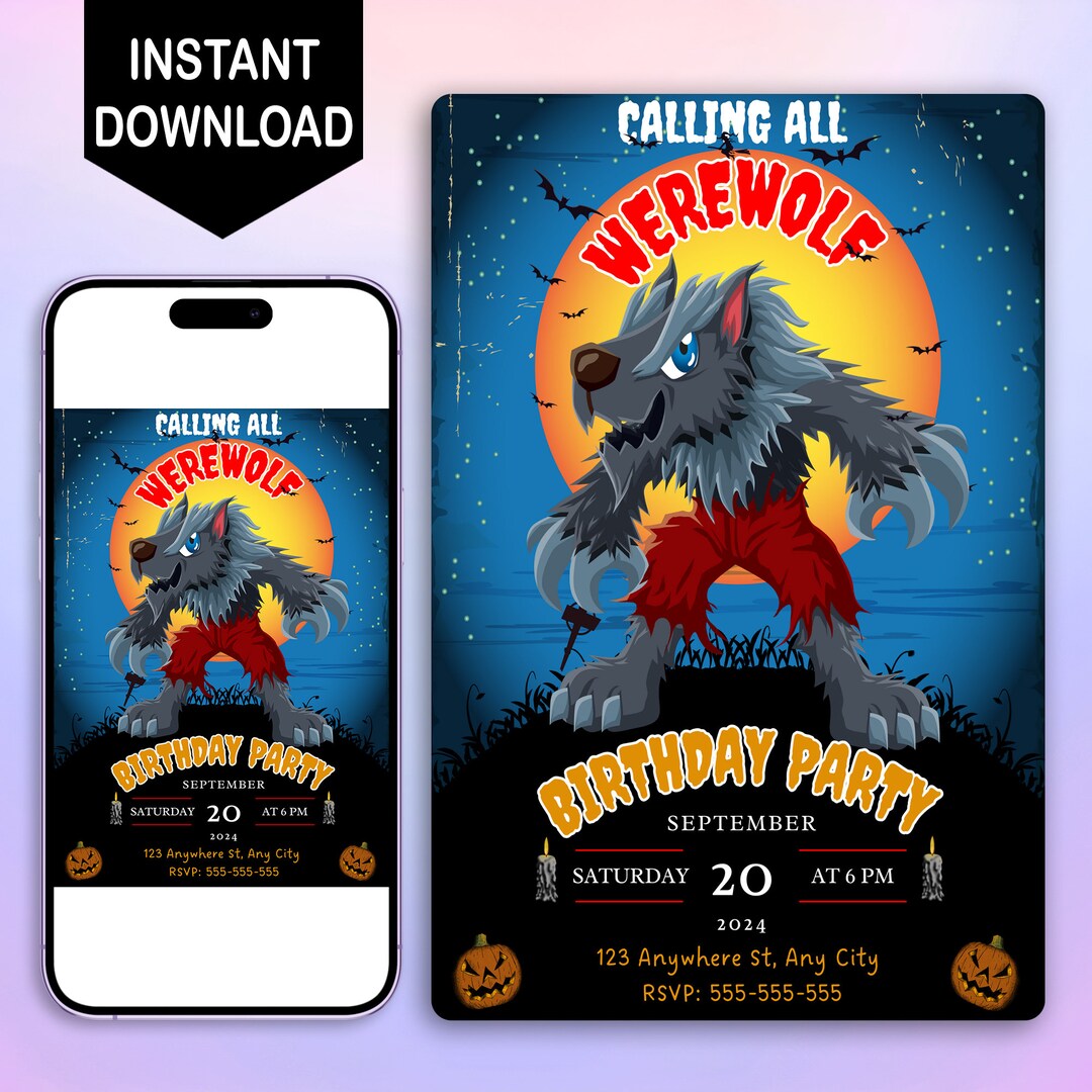 Editable Werewolf Birthday Invitation, Printable Halloween Invitation ...