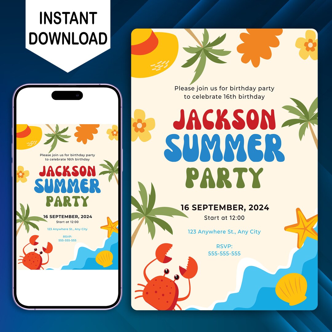 Editable Summer Birthday Party Invitation Template, Printable Summer ...