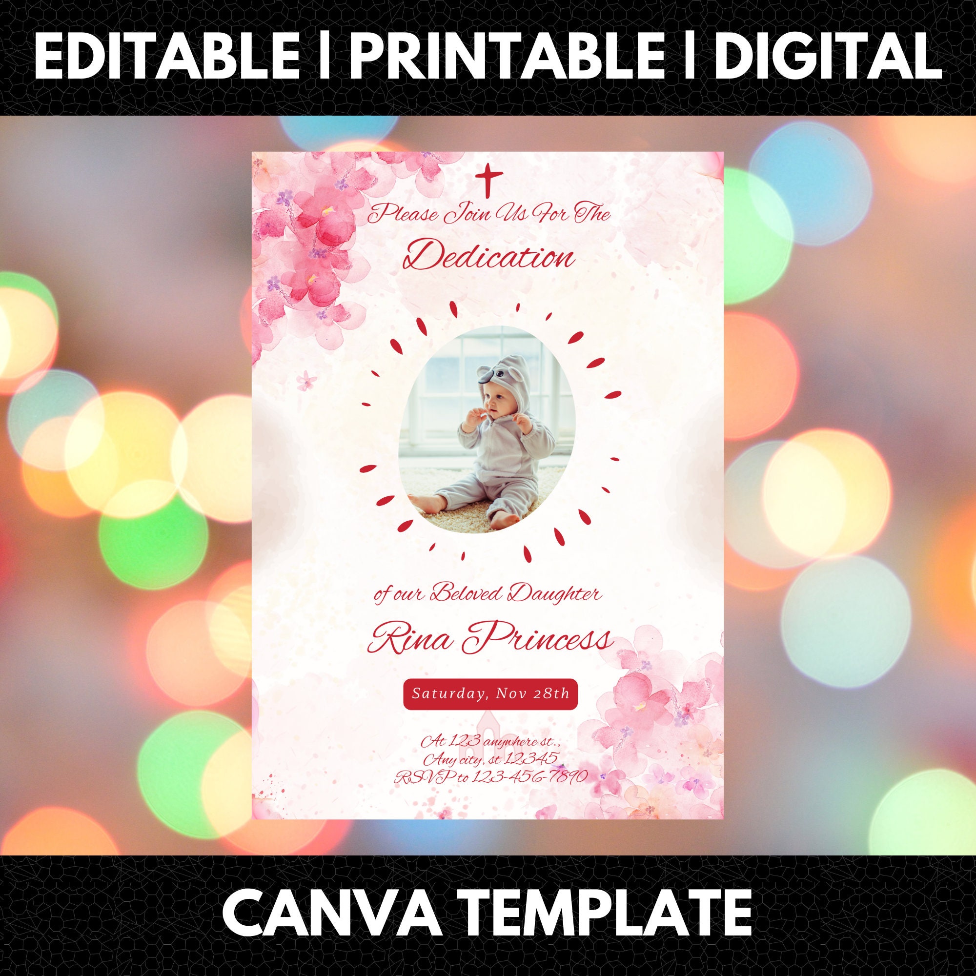 Editable Baby Dedication Invitation Template, Printable Pink Floral ...