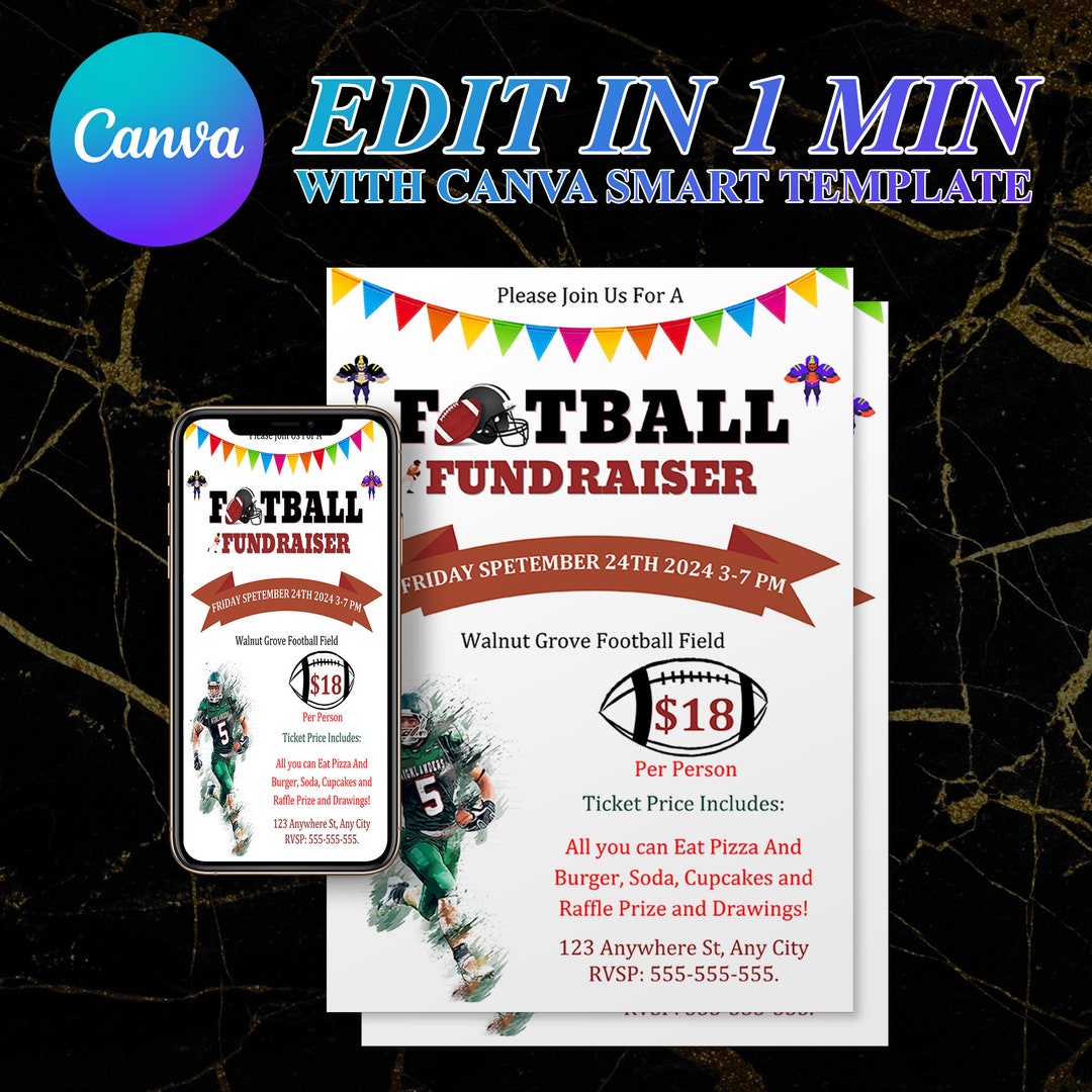 Editable Football Fundraiser Flyer Template, Digital Football Team ...