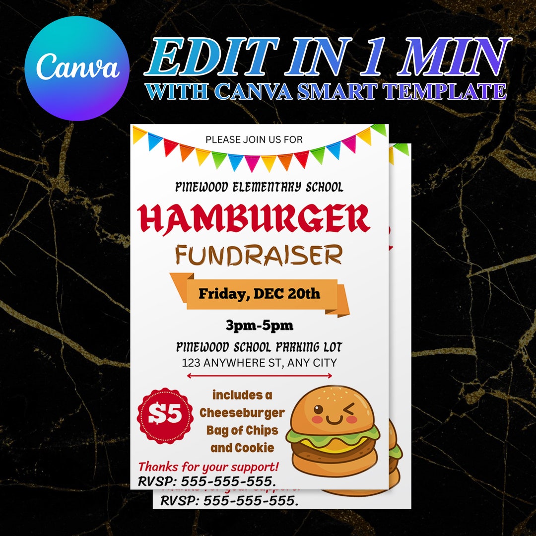 Editable Hamburger Fundraiser Flyer Template, Digital Burger Cookout ...