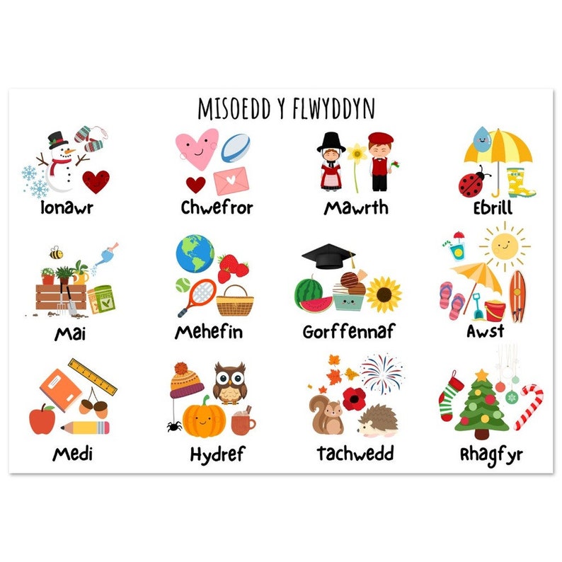 Misoedd Y Flwyddyn Welsh Educational Wallart Welsh Print - Etsy UK