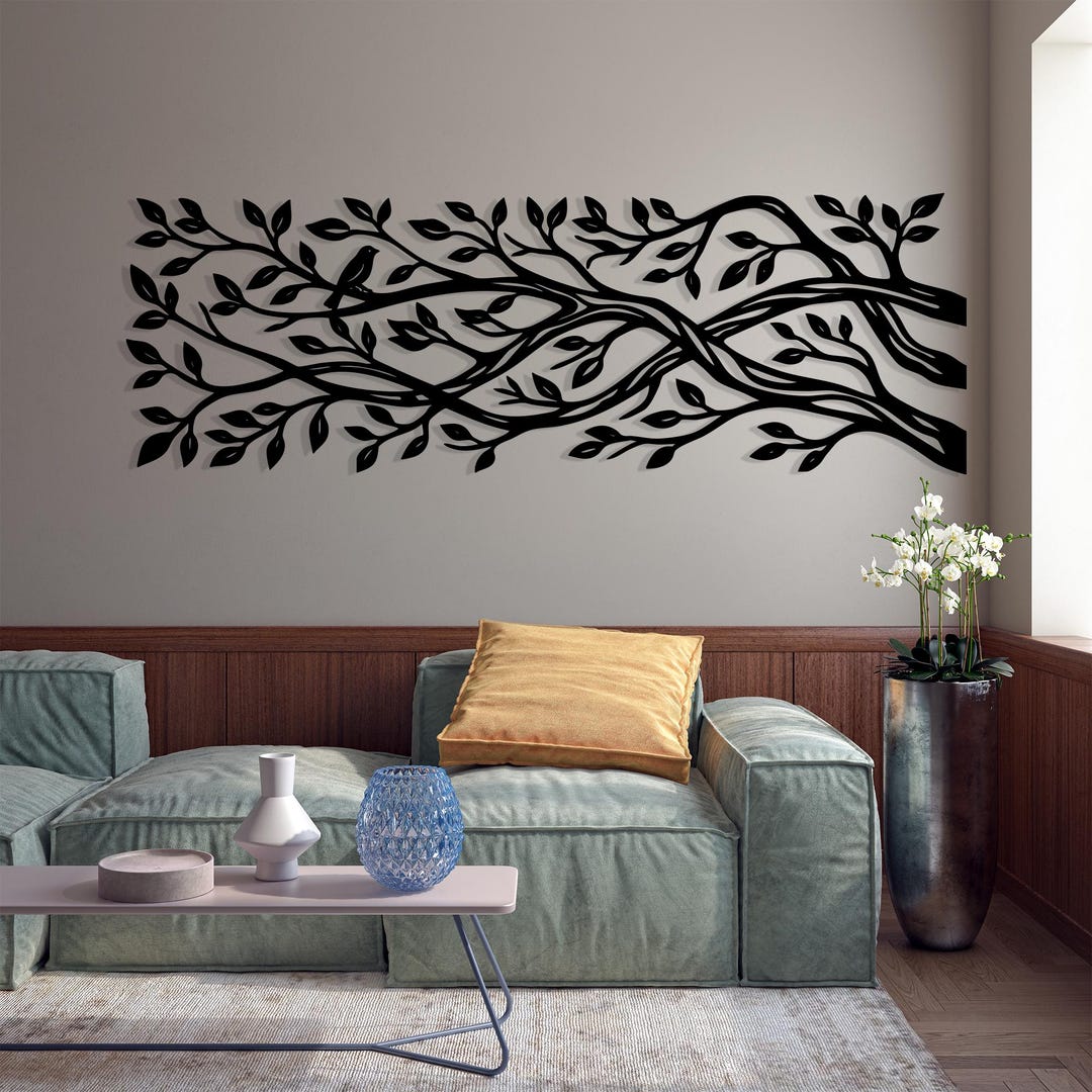 Metal Tree Branch Wall Art, Large Horizontal Bird Sign, Panoramic ...