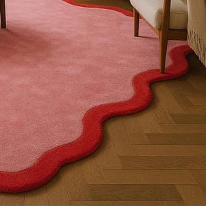 Pink Wavy Edge Rug | Hand Tufted Wool Carpet With Red Border 100% Fine ...