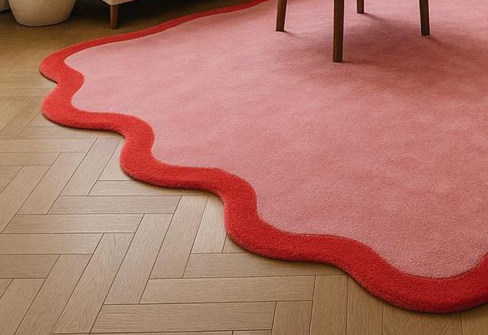 Pink Wavy Edge Rug | Hand Tufted Wool Carpet With Red Border 100% Fine ...