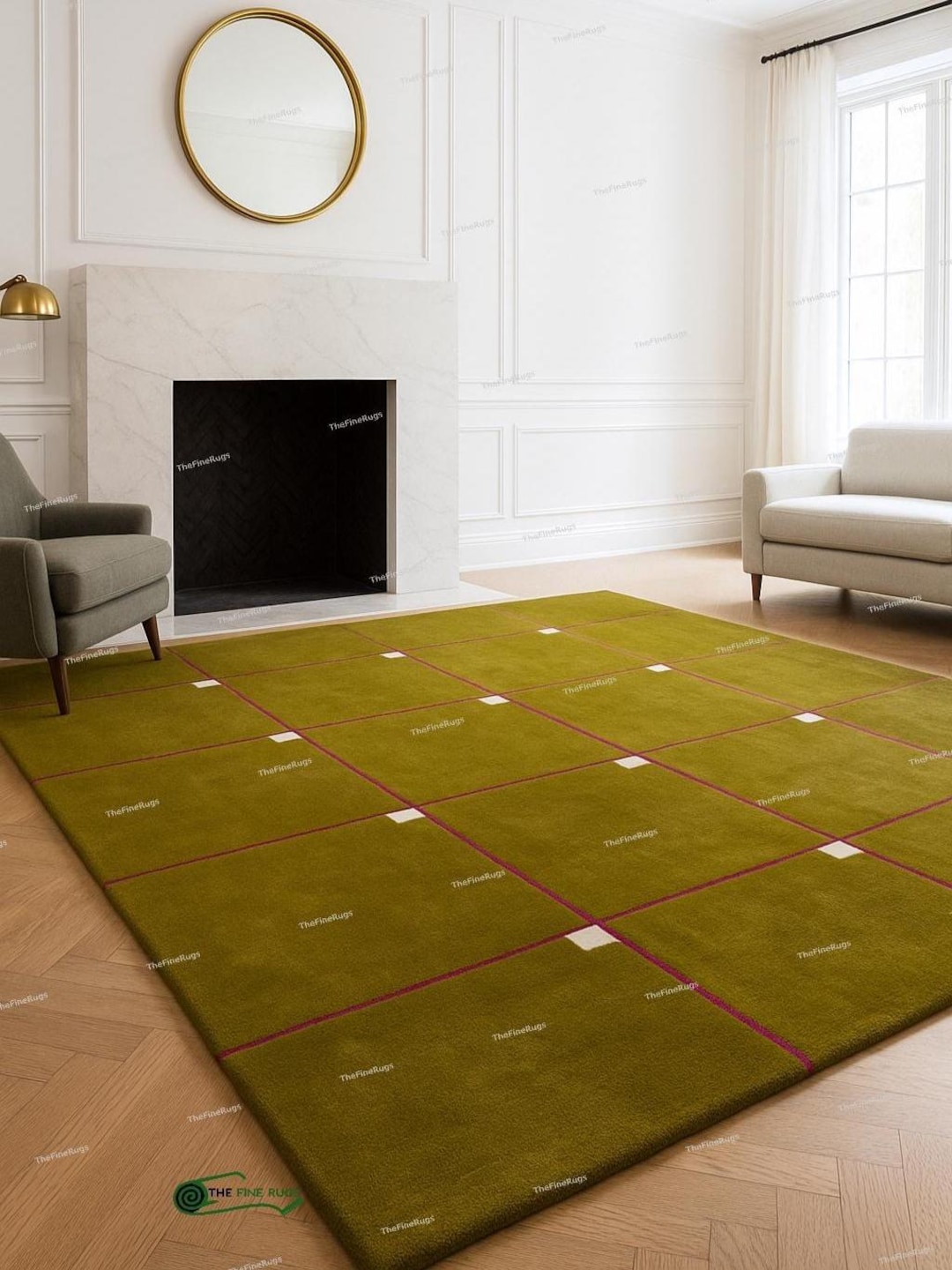 Hand Tufted Olive Green Wool Rug: Modern Grid Pattern Carpet, Modern ...