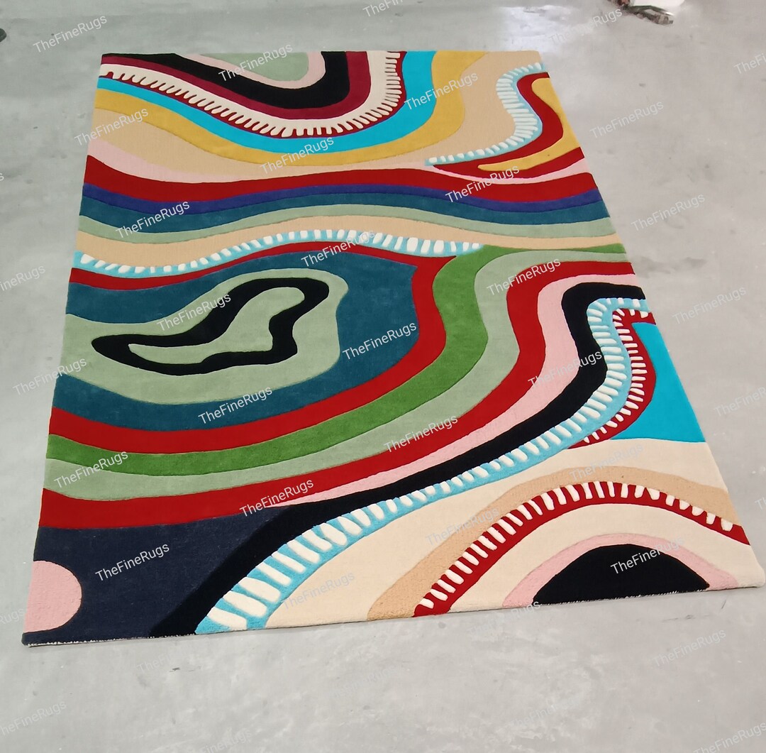 Wavy Colorful Abstract Rug, Hand Tufted Rug, 100% New Zealand Wool ...