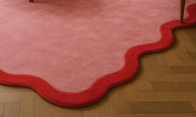 Pink Wavy Edge Rug | Hand Tufted Wool Carpet With Red Border 100% Fine ...