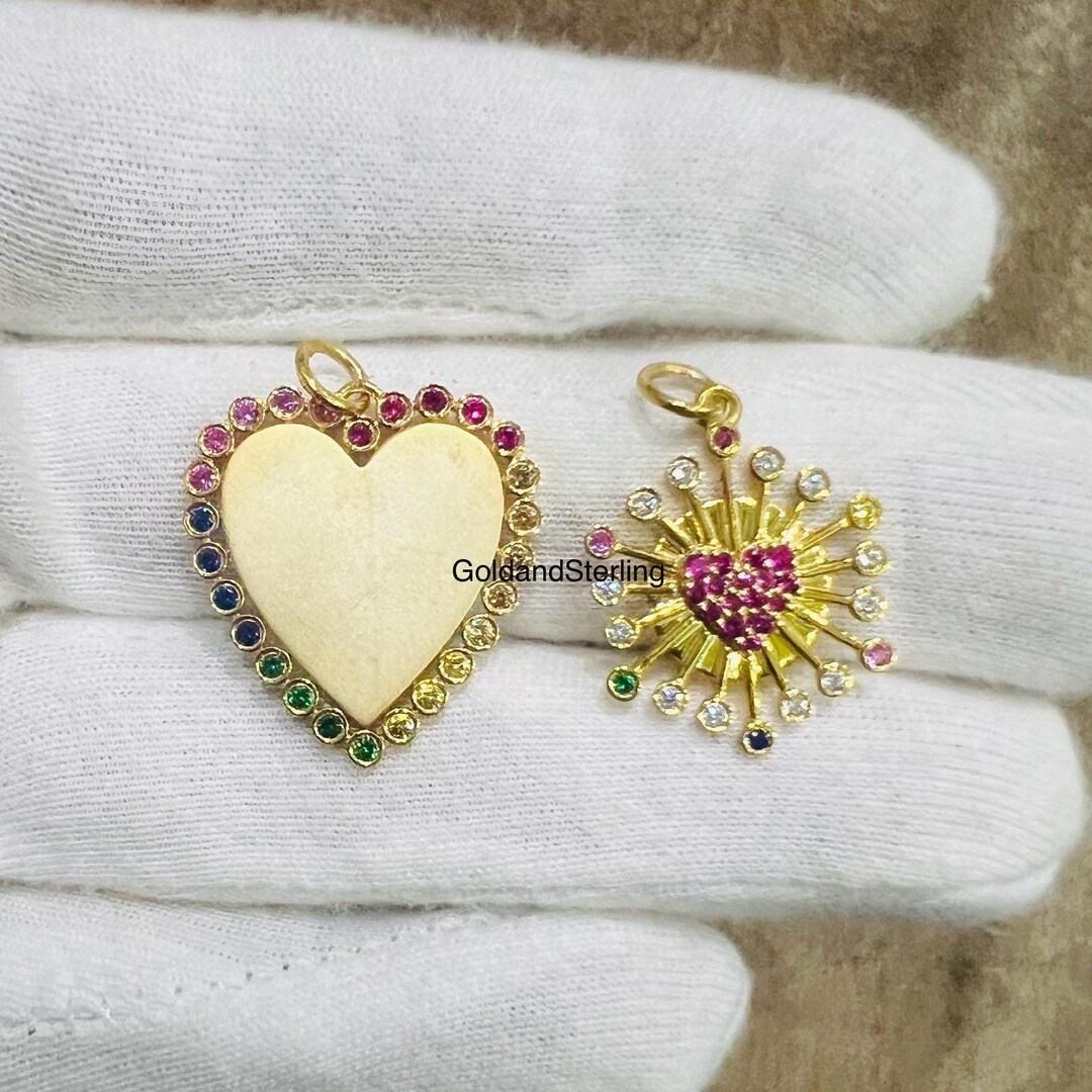 14k Solid Gold Multi Sapphire Ruby Heart Charm Pendant, Yellow Gold ...