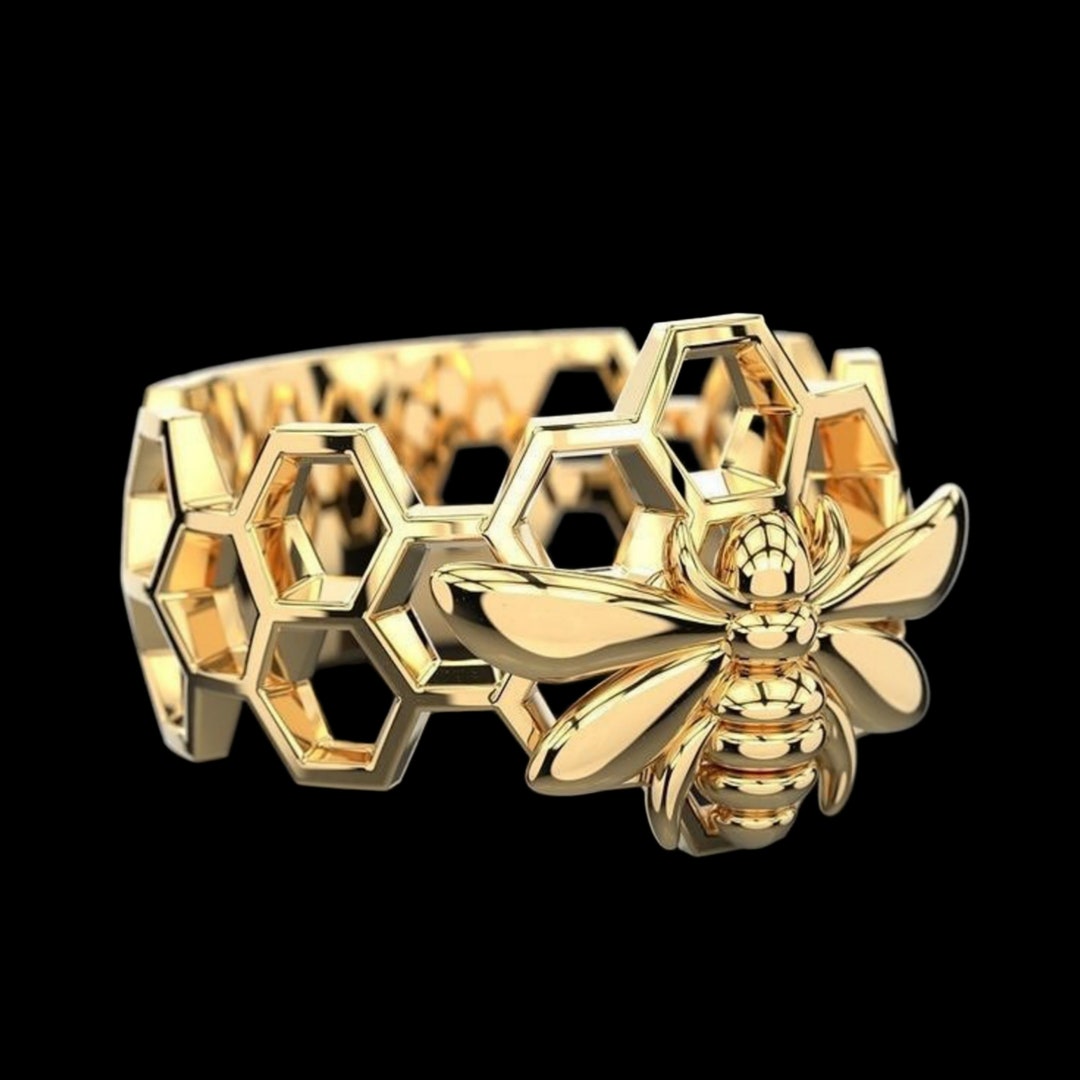 925 Silver Bee and Honeycomb Ring, Honey Bee With Honeycomb Ring, Gold Bee Ring, Honeycomb Bee ...