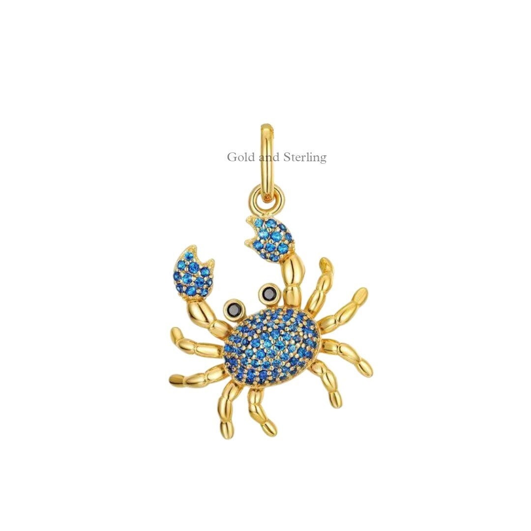 14k Solid Gold Sea Blue Diamond Crab Pendant, Yellow Gold Blue Diamond ...