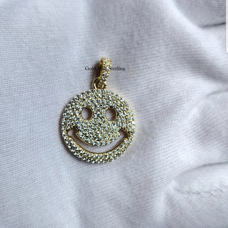 14k Solid Gold Diamond Smiley Face Charm Necklace, Beautiful Gold Happy ...