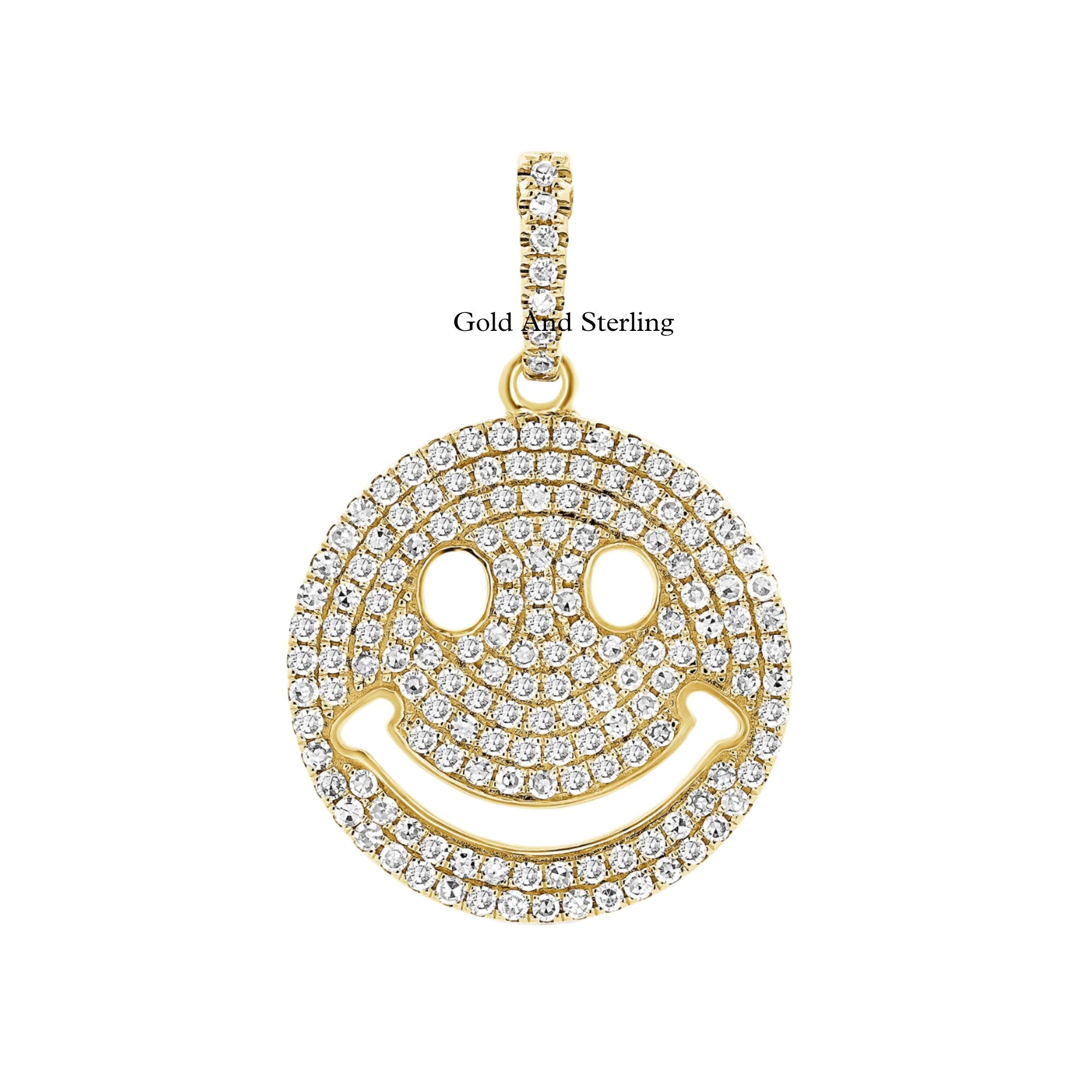 925 Silver & 14k Solid Gold Diamond Smiley Face Charm Necklace, 925 ...