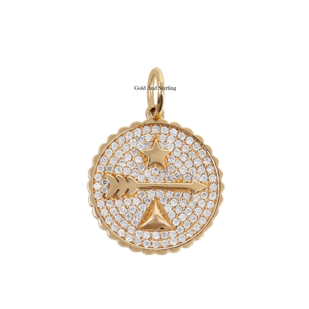925 Silver & 14k Gold Star Arrow Disc Diamond Charm Necklace, Celestial ...
