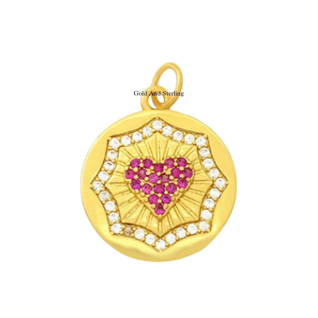 925 Silver & 14k Gold Disc Ruby Heart Diamond Charm Pendant, Beautiful ...