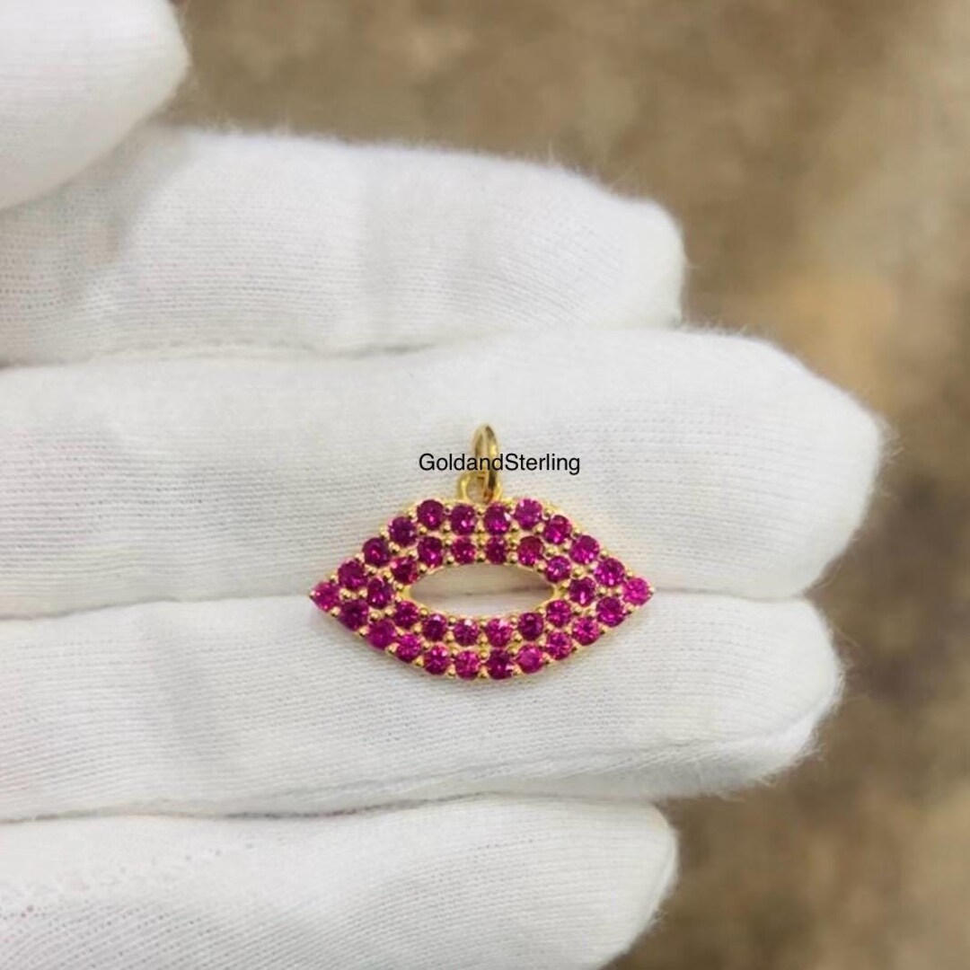 14k Solid Gold Ruby Lips Charm Pendant, Ruby Smooch Lips Charm Pendant ...
