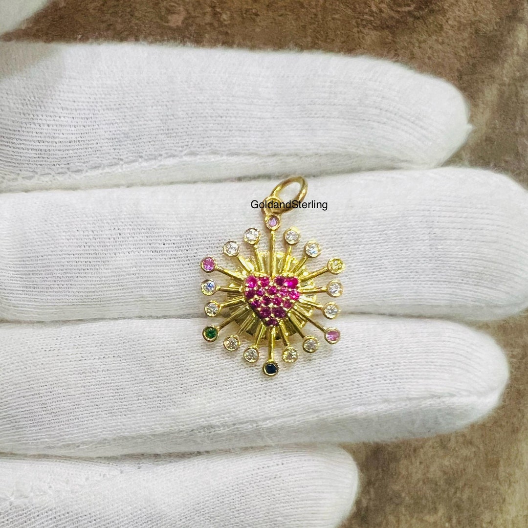 14k Solid Gold Multi Sapphire Ruby Heart Charm Pendant, Multi Sapphire ...