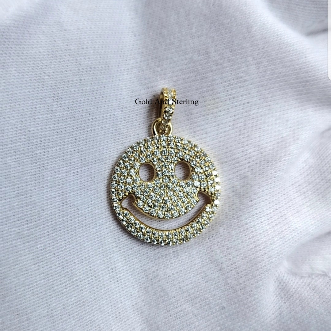 14k Solid Gold Diamond Smiley Face Charm Necklace, Beautiful Gold Happy ...