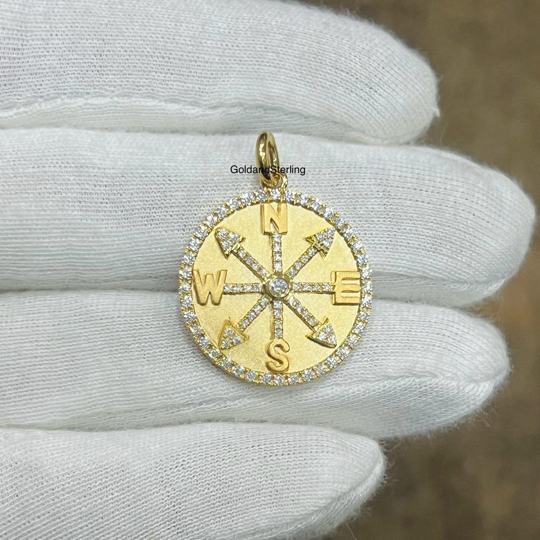 14k Solid Gold Compass Diamond Charm Necklace, Yellow Gold Disc Compass ...