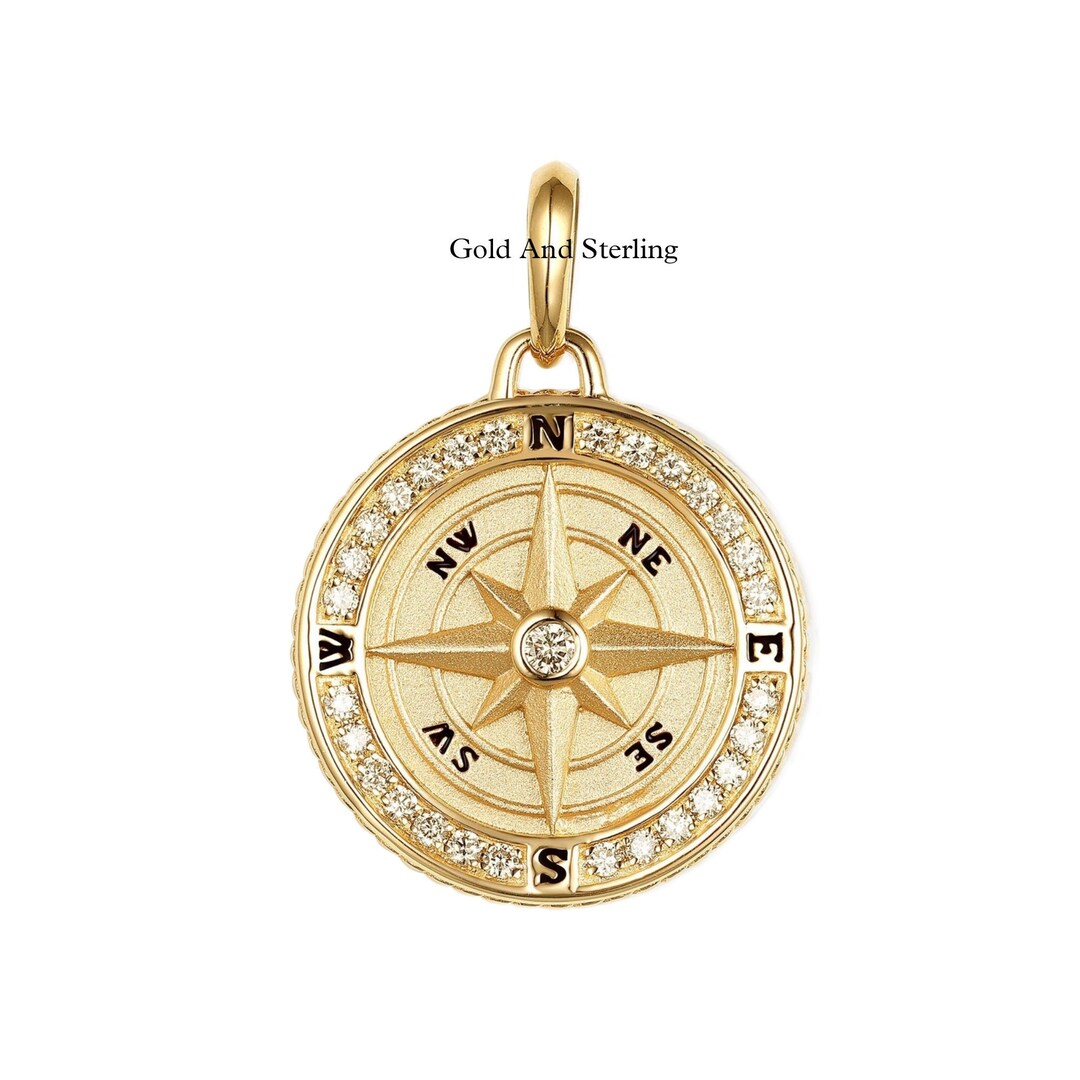 925 Silver & 14k Solid Gold Compass Pendant Necklace, Silver Diamond ...