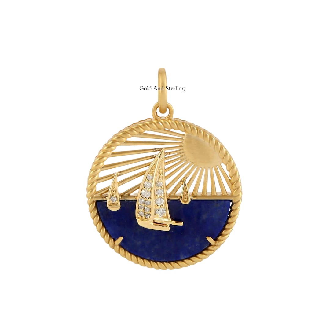 925 Silver & 14k Solid Gold Diamond Sea Sailboat Pendant With Lapis ...