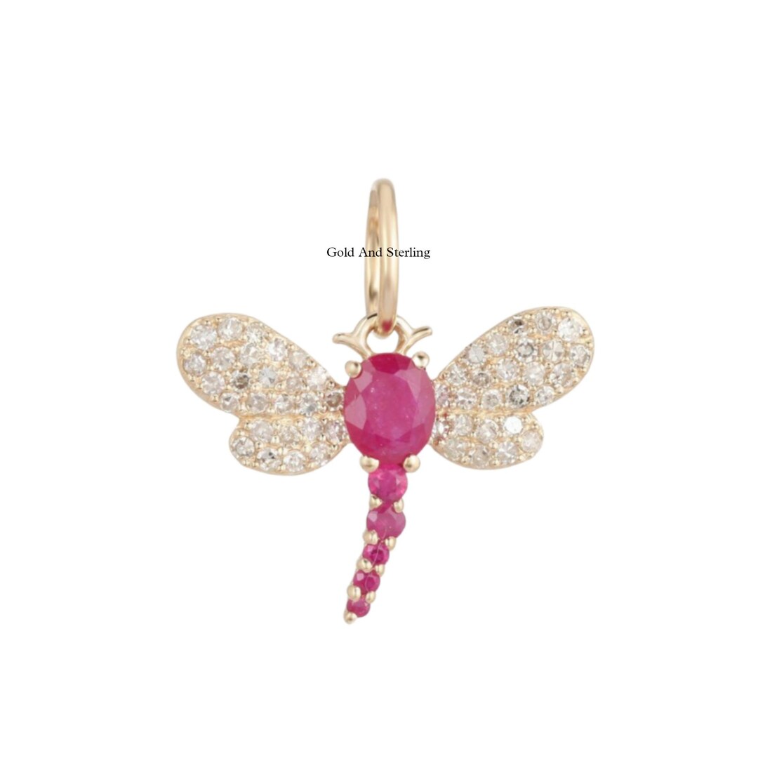 925 Silver Designer Diamond Ruby Dragonfly Charm Pendant, Yellow Gold ...