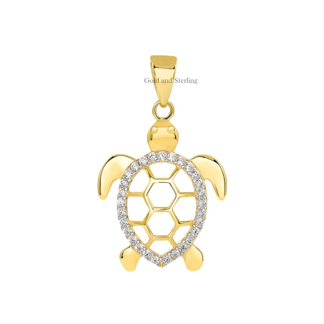 925 Silver & 14k Solid Gold Sea Turtle Diamond Charm Pendant, 925 ...