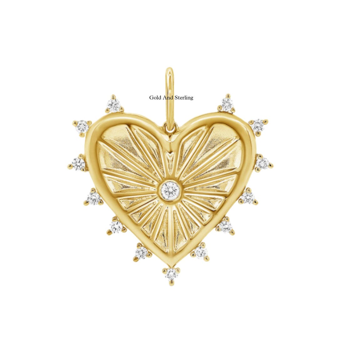 925 Silver & 14k Gold Starburst Heart Diamond Charm Pendant, Gold ...