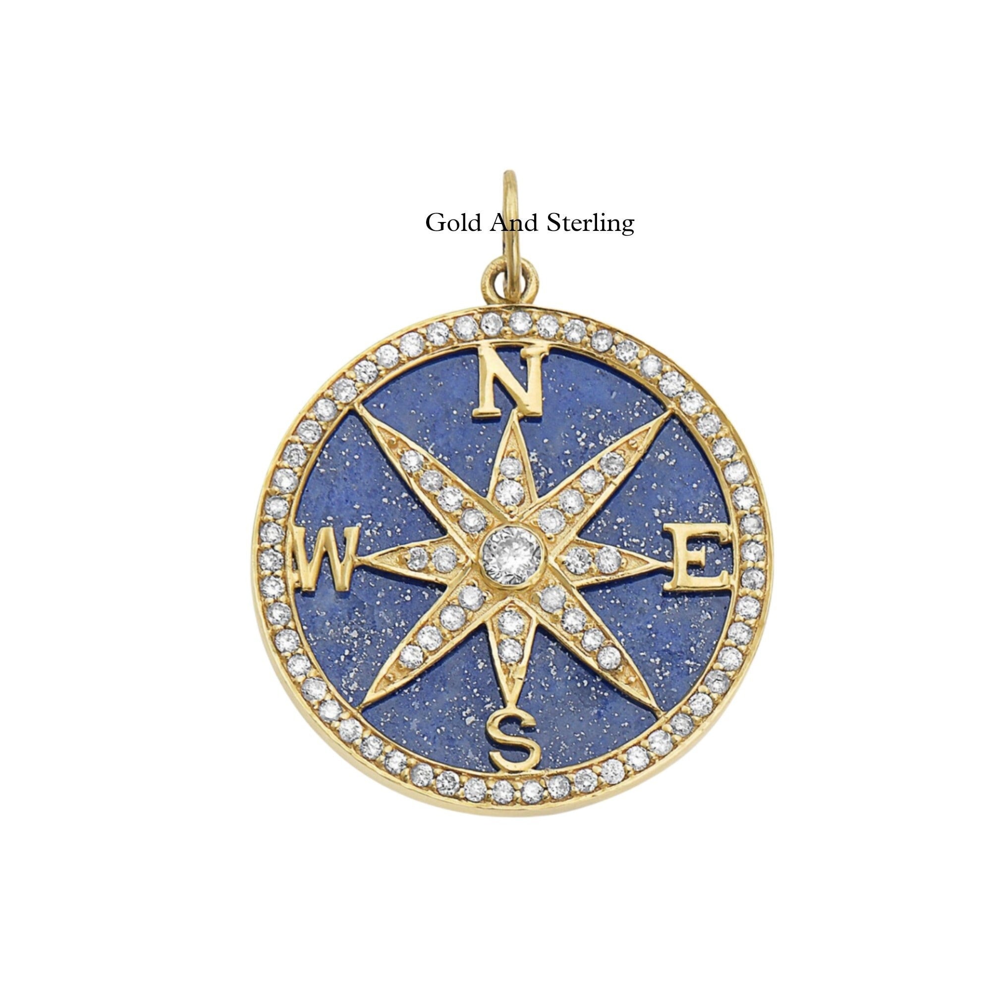 Silver & 14k Solid Gold Diamond Compass Charm, 925 Silver Diamond Lapis ...