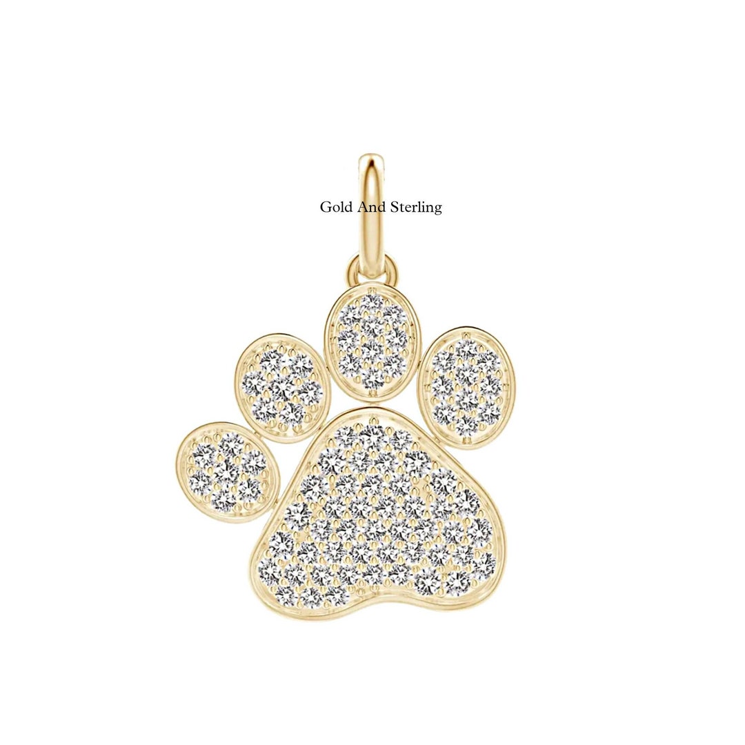 925 Silver & 14k Solid Gold Diamond Dog Paw Necklace, Silver Cat Dog ...