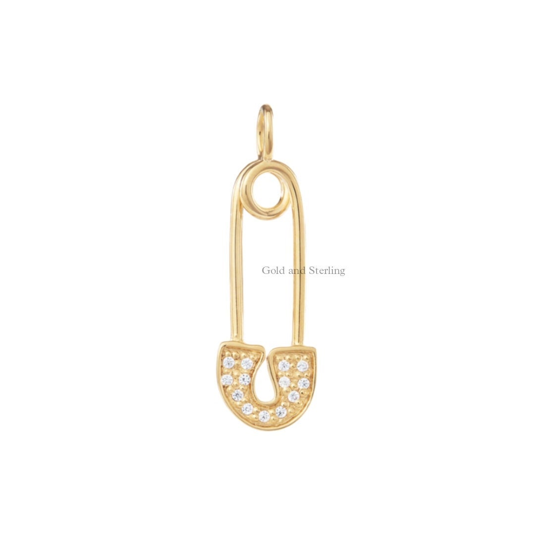 925 Silver & 14k Solid Gold Diamond Safety Pin Pendant, 925 Silver ...